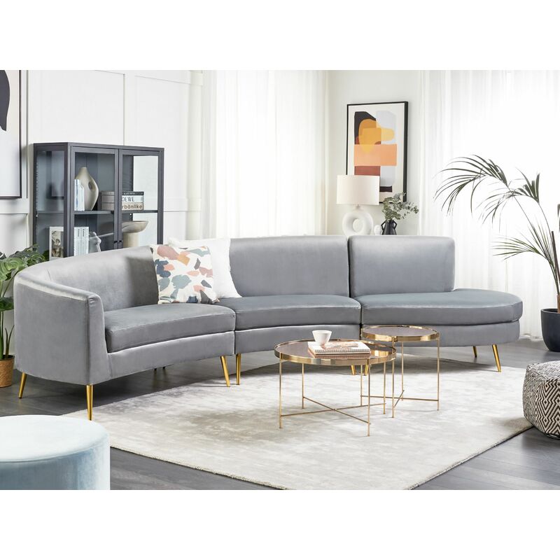 Retro Velvet 4 Seater Sofa Light Grey Backrest Golden Metal Legs Moss