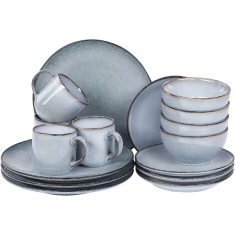 Set of 16 Dinnerware JUNIPER Stoneware Light Blue