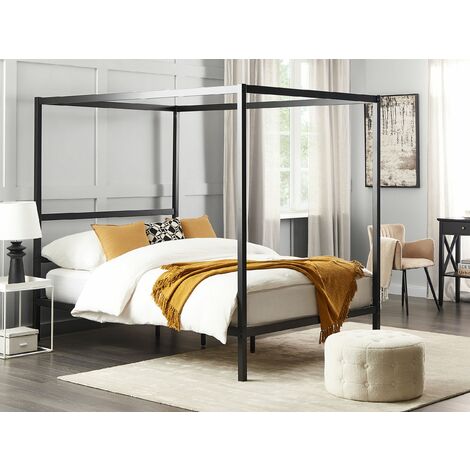 Modern Minimalist EU Double Size Canopy Bed Frame Metal Plywood Slats Black Lestards