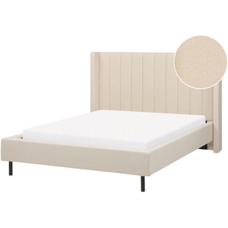 Modern Bedroom Boucle EU Double Size Bed Frame Beige Slatted Base Villette