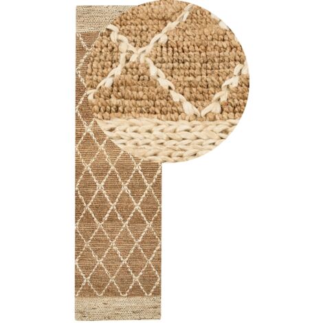 Hand Woven Jute Runner Rug Geometric Pattern Boho Rustic 80 x 300 cm Hallway Beige Zorava