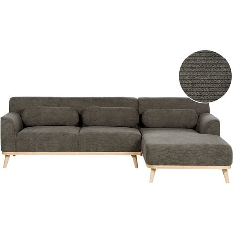 Left Hand Retro Fabric Corner Sofa Couch Settee 3 Seater Corduroy Jumbo Cord Rubberwood Base Dark Green Simos