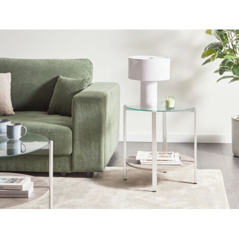 Modern Side Table Tempered Glass Tabletop Metal Frame 1 Shelf Light Wood Silver o 50 cm Lovell