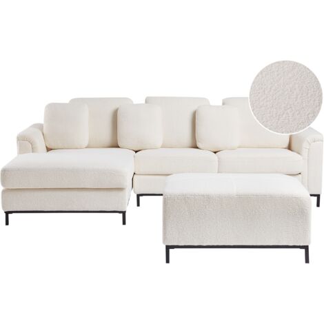 Modern White Boucle Fabric Couch Corner Sofa with Ottoman Right Hand Oslo