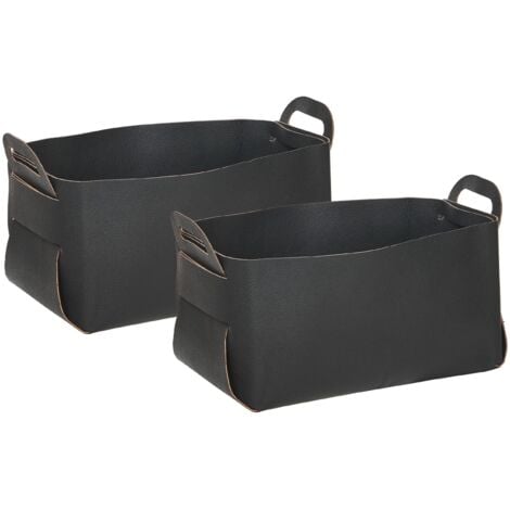 Set of 2 Handmade Storage Baskets with Handles Faux Leather Black Nuzi