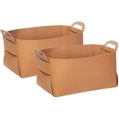 Set of 2 Handmade Storage Baskets with Handles Faux Leather Golden ...
