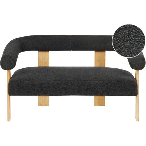 2 Seater Sofa Retro Living Room Boucle Upholstery Wooden Legs Black and ...