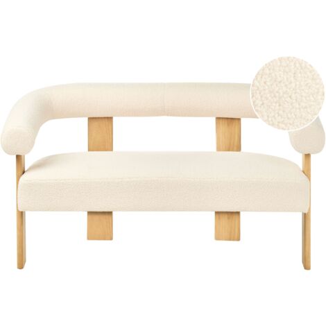2 Seater Sofa Retro Living Room Boucle Upholstery Wooden Legs Off-White ...