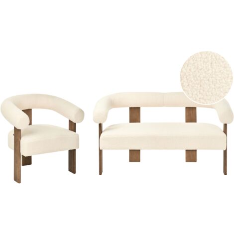 Sofa Set Retro Living Room 2 Seater Armchair Boucle Upholstery Wooden ...