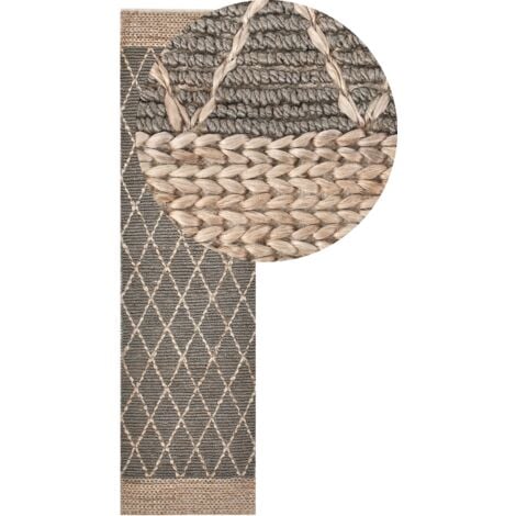 Hand Woven Jute Runner Rug Geometric Pattern Boho Rustic 80 x 300 cm Hallway Grey Tellikaya