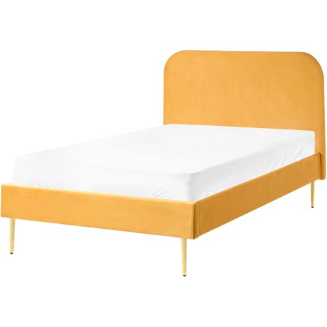 Bed Yellow Velvet Upholstery EU Small Double Size Golden Legs Headboard ...