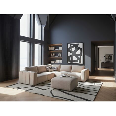 Modular Right Hand Sofa with Ottoman Beige Boucle Sectional Corner ...