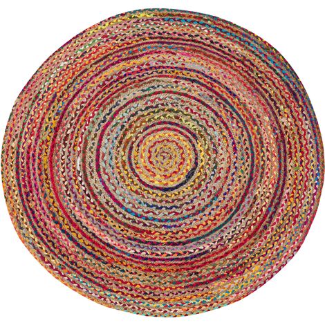 Boho Rustic Round Living Room Area Rug Cotton Jute ø 140 cm Multicolour ...