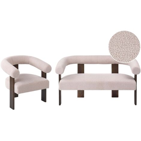 Sofa Set Light Beige and Dark Brown 2 Seater Armchair Boucle Upholstery ...