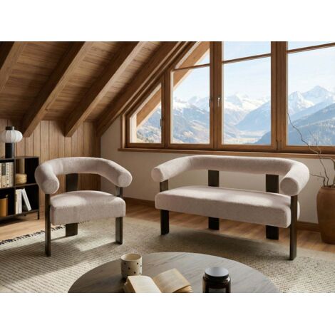 Sofa Set Light Beige and Dark Brown 2 Seater Armchair Boucle Upholstery ...