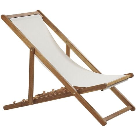Folding Garden Deck Chair Sun Lounger Light Acacia Wood Off White Fabric Anzio