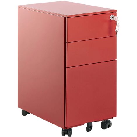 Modern Office Storage Cabinet 3 Drawers Key Lock Castors Metal Red Bolsena