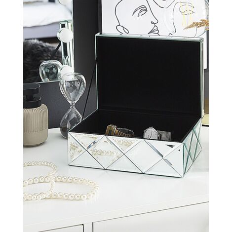 Glam Decorative Mirrored Jewellery Storage Box Glass Steel Silver Gorron