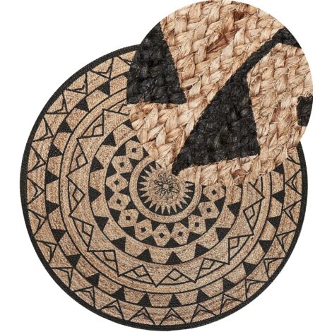 Boho Braided Rug Round 140 cm Cotton Jute Living Room Beige with Black ...