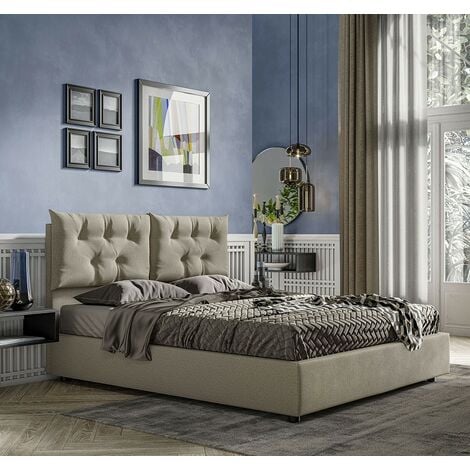 Letto matrimoniale in tessuto imbottito color sabbia con contenitore ...