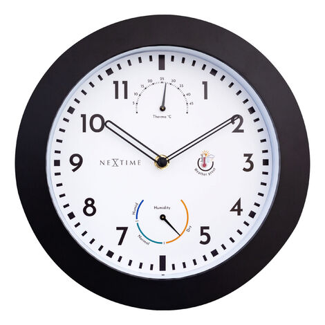 NeXtime Wanduhr Daisy Kunststoff schwarz Ø 25,5 cm Hygro-/Thermometer
