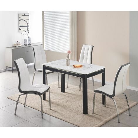 FURNIZONE UK Milano 4-Seater White Marble-Effect Glass Top and Black ...