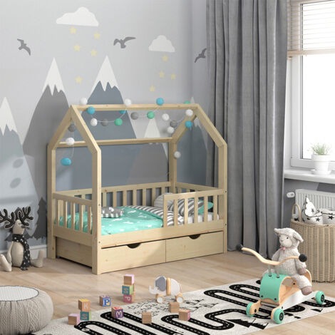 Lit cabane Wiki, Naturel bois, 70x140 cm avec tiroirs et matelas, Vitalispa
