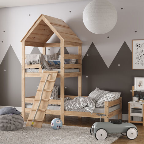 Lit gigogne superposé en bois blanc 90x200cm enfant avec toboggan ...