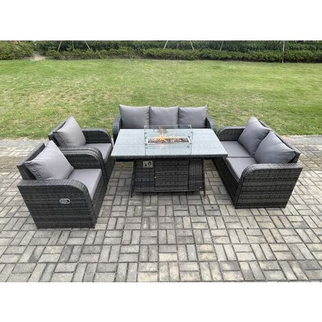 Fimous Garden Patio Furniture Wicker Rattan Gas Fire Pit Table and Sofa ...