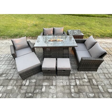 Fimous 8 Seater Rattan Outdoor Garden Furniture Gas Fire Pit Table Sets ...