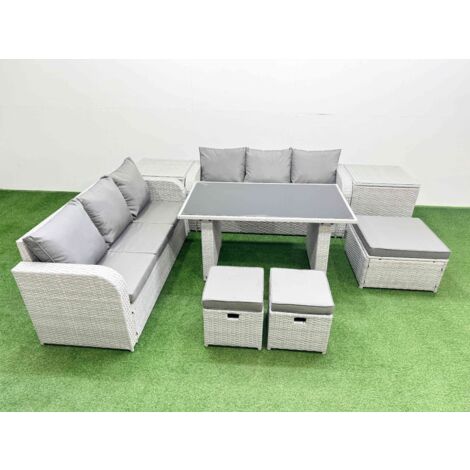 Fimous 9 Seater Rattan Outdoor Dining Table 3 Seater Sofa Set with 2 ...