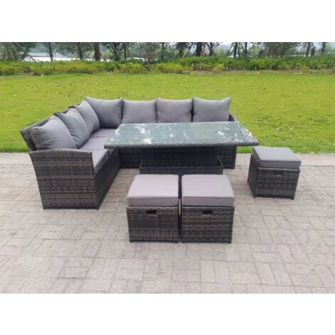 Fimous High Back Corner Rattan Garden Furniture Sofa Rising Dining Table Height Adjustable 9 Seater 3