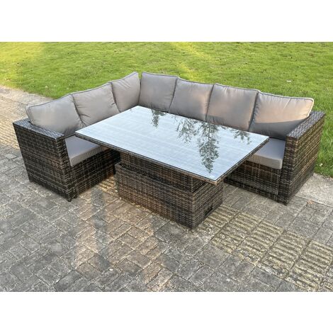 Fimous 6 Seater PE Rattan Corner Sofa Set Rising Adjustable Dining ...