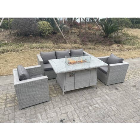 Fimous Light Grey Rattan Gas Fire Pit Garden Furniture Dining Table Set ...