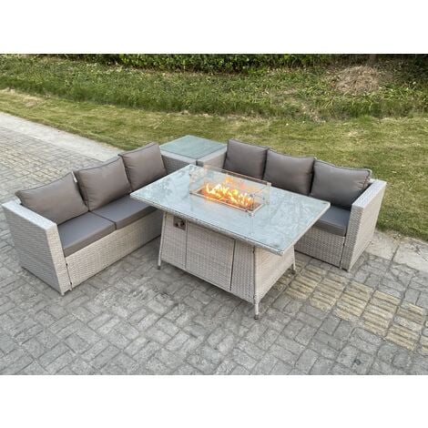 Fimous Light Grey Corner Rattan Fire Pit Garden Furniture Set Gas ...
