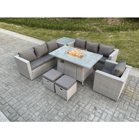 Fimous Light Grey Rattan Fire Pit Garden Furniture Dining Table Set Gas ...