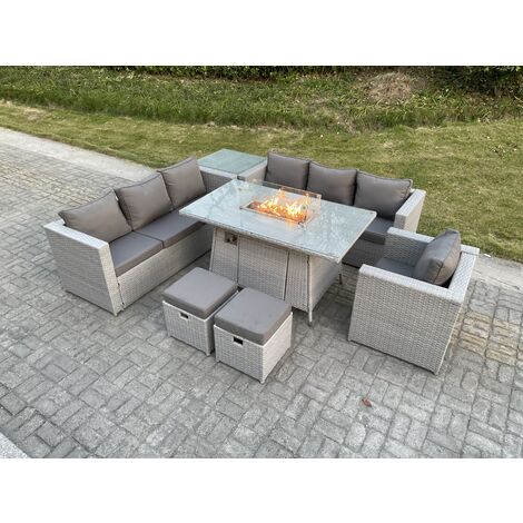 Fimous Light Grey Rattan Fire Pit Garden Furniture Dining Table Set Gas ...