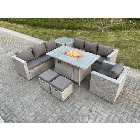 Fimous Light Grey Rattan Fire Pit Garden Furniture Dining Table Set Gas ...