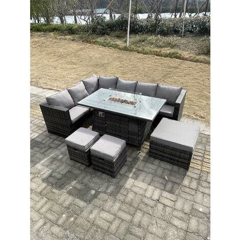 Fimous 9 Seater Rattan Corner Sofa Set Gas Firepit Dining Table Set ...