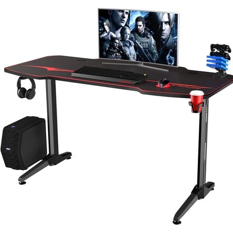 Devoko T shape Large Black Red Gaming Computer Desk with Free Full Mousepad Earphone Hooks and Cup Holder PC Desk Gaming Desk 110cm Black