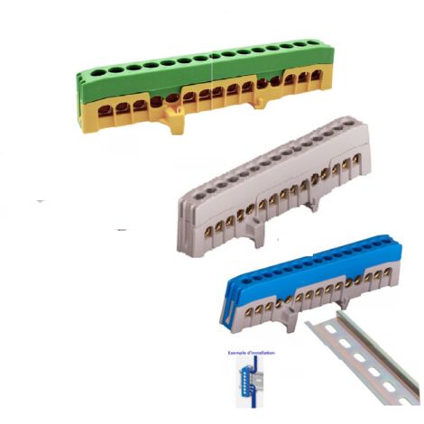 Bornier Barrette Bleu + Gris + Vert-jaune isolée - 63A - 15 trous ...