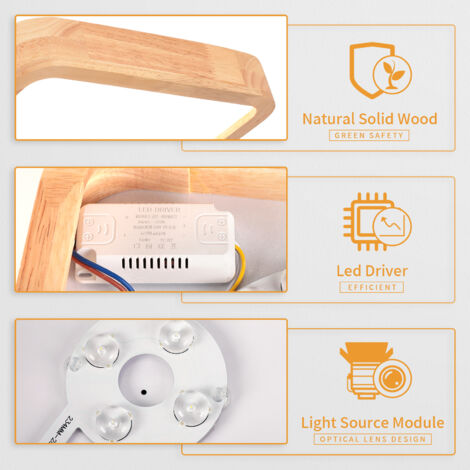 Lámpara De Techo De Interior Plafones Cuadrada De Madera Led 4500K ...