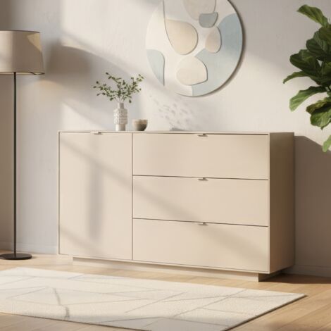 Aparador 1 puerta, 3 grandes cajones decorado en color arena L160 cm - VIKA