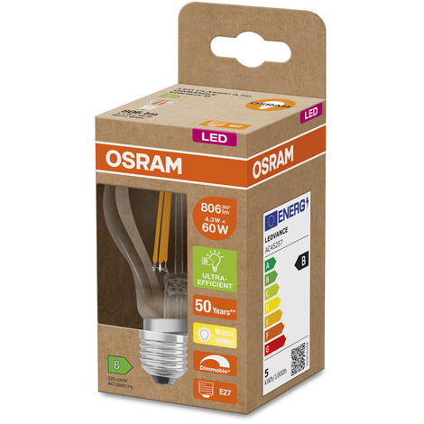 OSRAM SUPERSTAR+ CLASSIC A FIL 60 LED-Lampe, E27, Kolbenform, 4,3W, 806lm, 2700K, warmweißes ...