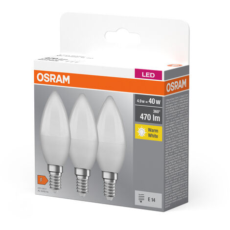 OSRAM BASE CLASSIC B 40 FR LED-Lampe mit Sockel E14, Minikerzenform, 3er Pack, 4,9W, 470lm ...