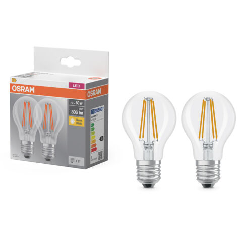 OSRAM BASE CLASSIC A FIL 60 LED-Lampe mit Sockel E27, klassische Kolbenform, Doppelpack, 6,5W ...