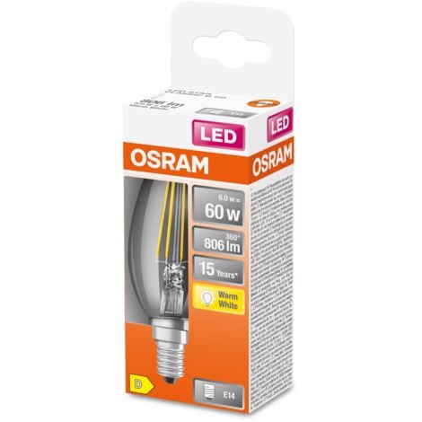 OSRAM Filament LED Lampe mit E14 Sockel, Kerzenform, Warmweiss (2700K), 6W, Ersatz für 60W ...