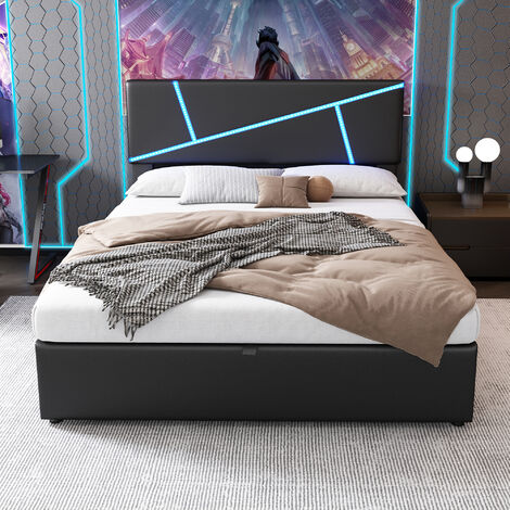 Cama Tapizada con Tira Led, Cama Doble con Somier y Respaldo Ferroso ...