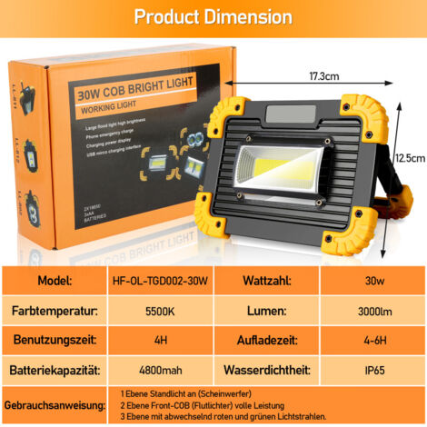 SWANEW 2X 30W COB Akku Fluter LED Strahler Arbeitsleuchte Baustrahler Handlampe Flutlicht