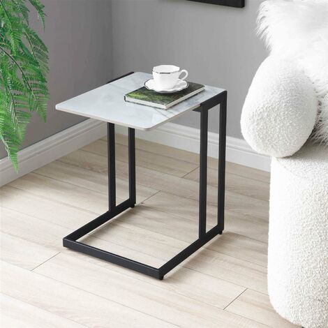 C shape Side Table White Marble Top C-Table with Black Metal Leg